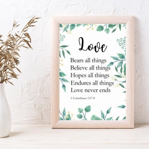 1 Corinthians 13:7-8 Love Bears Bible Verse Printable Wall Art Greenery ...