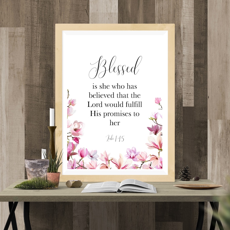 Luke 1:45 Blessed is She Bible Verse Wall Art Printable Scripture Pink ...