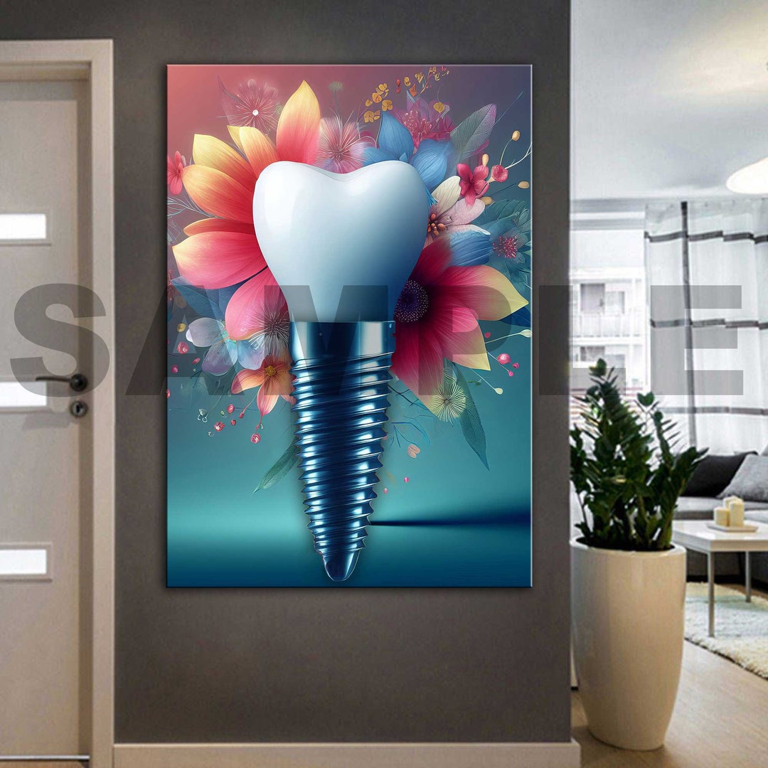 Abstract Implant Tooth With Flower Canvas Wall Art, Decorative Tooth ...