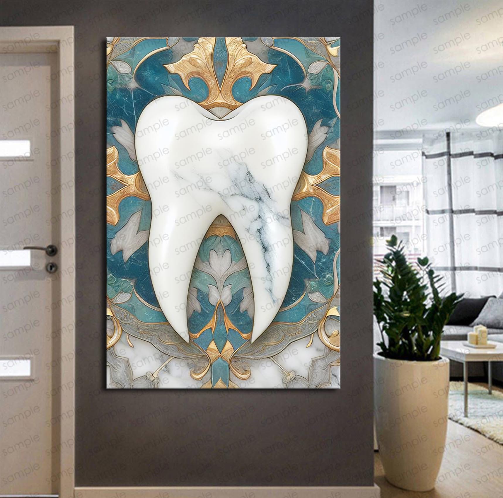 Abstract GOLDEN Ceramic Design Tooth Canvas Wall ART, Decorative Tooth ...