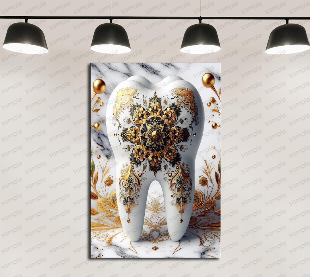 Golden Tile Design Inside White Molar Tooth Dental Canvas Wall Art ...