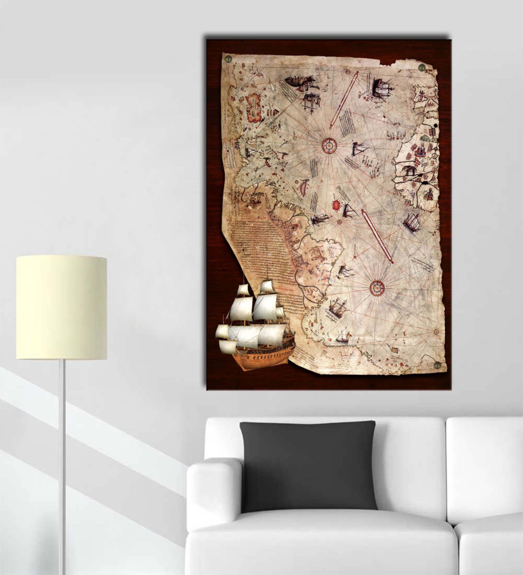 Ottoman Piri Reis Map Art, Ship Detailed Piri Reis Map Canvas Wall Art ...