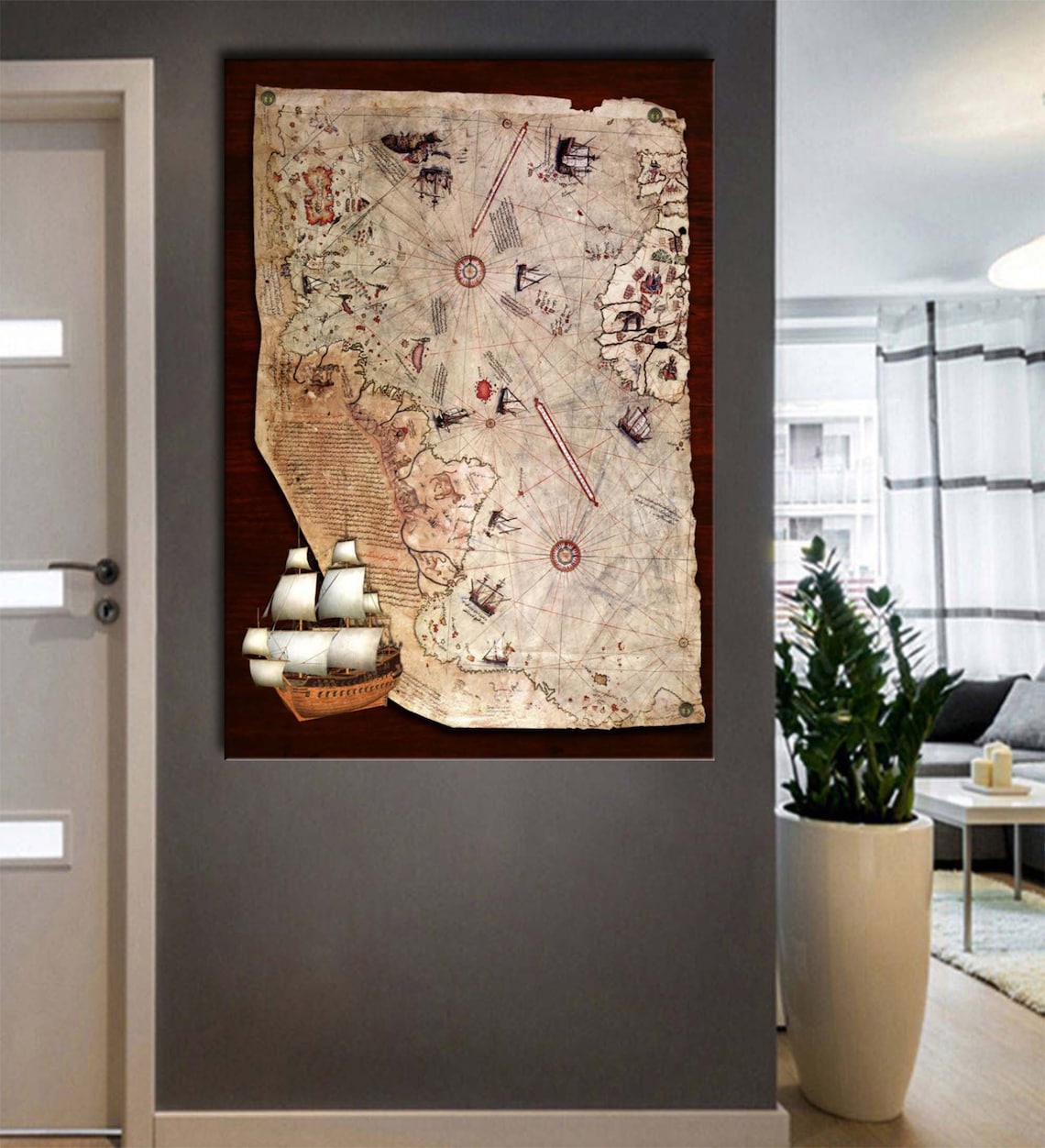 Ottoman Piri Reis Map Art, Ship Detailed Piri Reis Map Canvas Wall Art ...