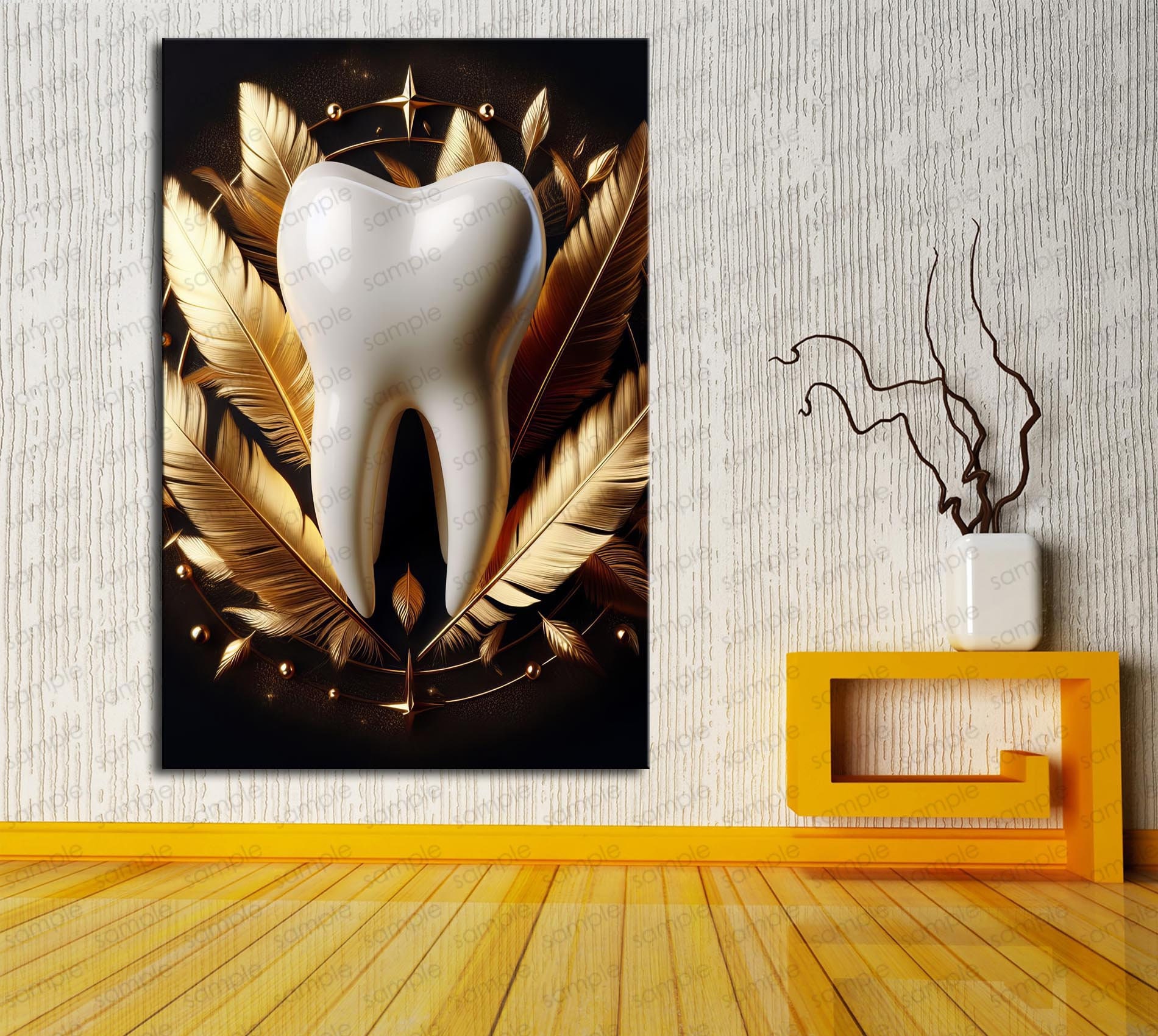 Golden Feather Design White Molar Tooth Design Abstract Dental Canvas ...