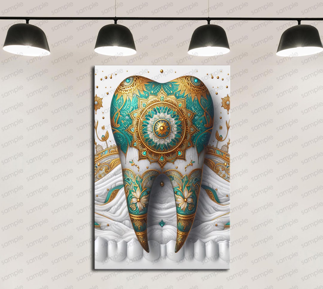 Golden and Green Tile Detailed Molar Tooth Abstract Dental Canvas Wall ...