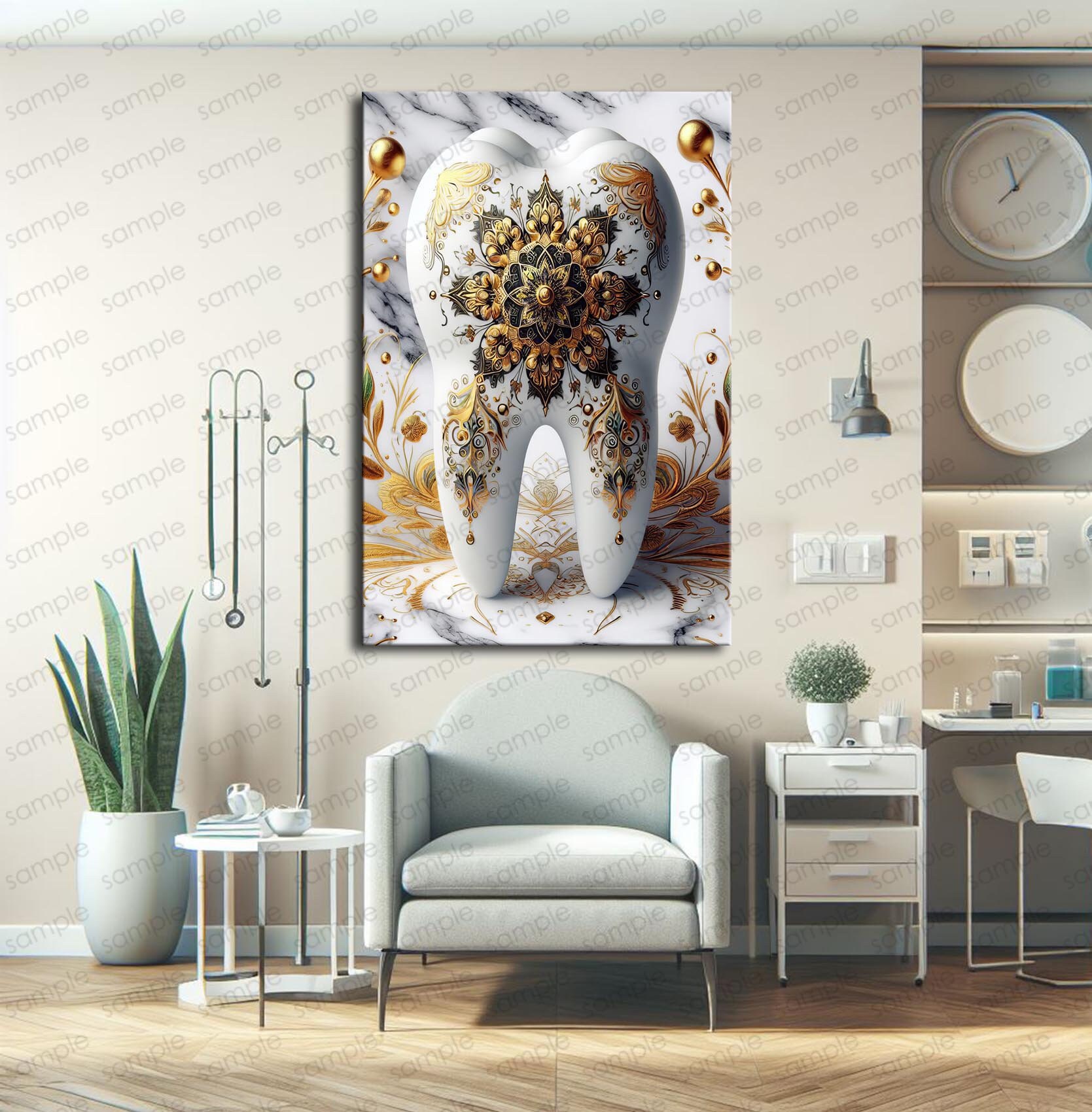 Golden Tile Design Inside White Molar Tooth Dental Canvas Wall Art ...