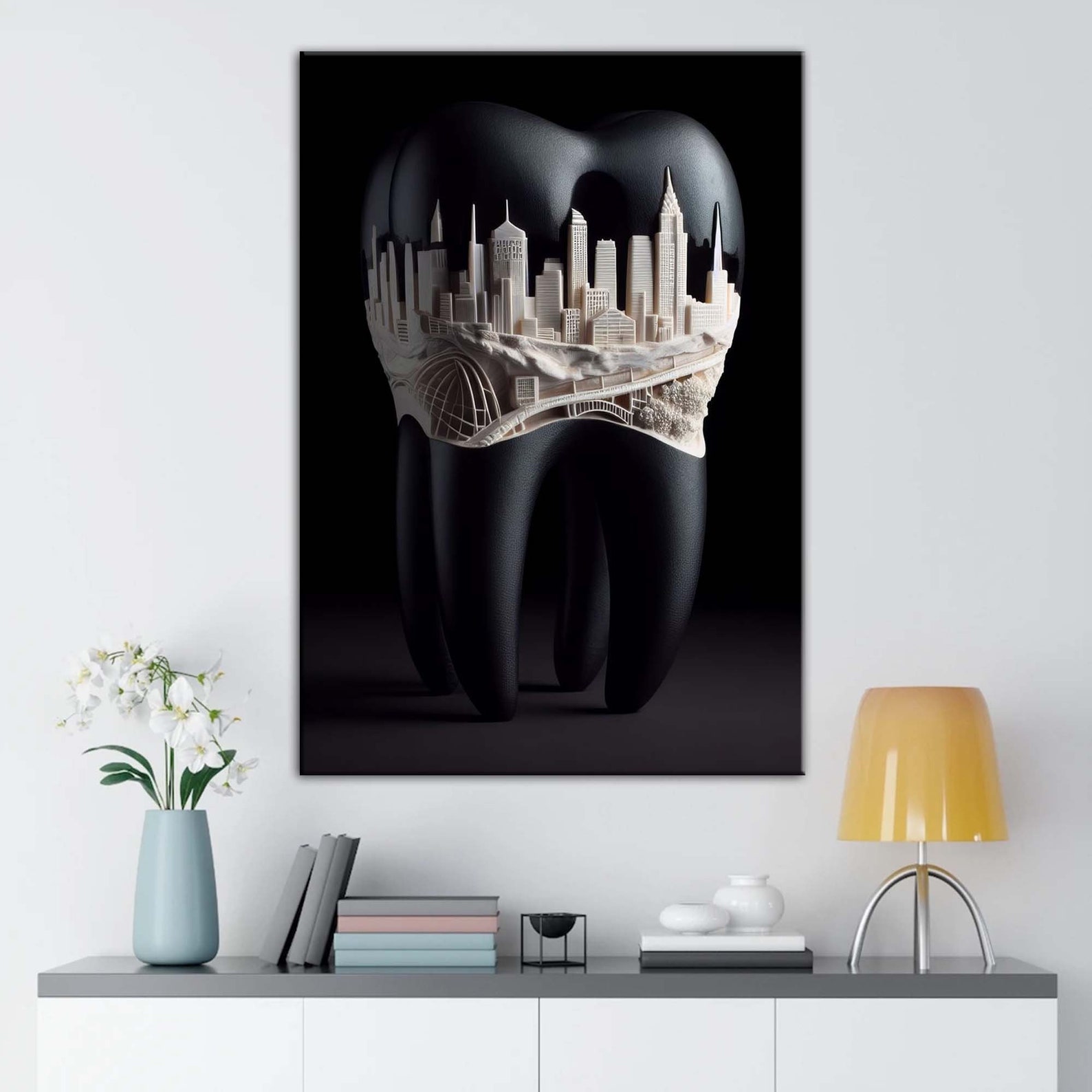 Black Abstract Molar Tooth Inside City Detailed Dentist Canvas WALL Art ...