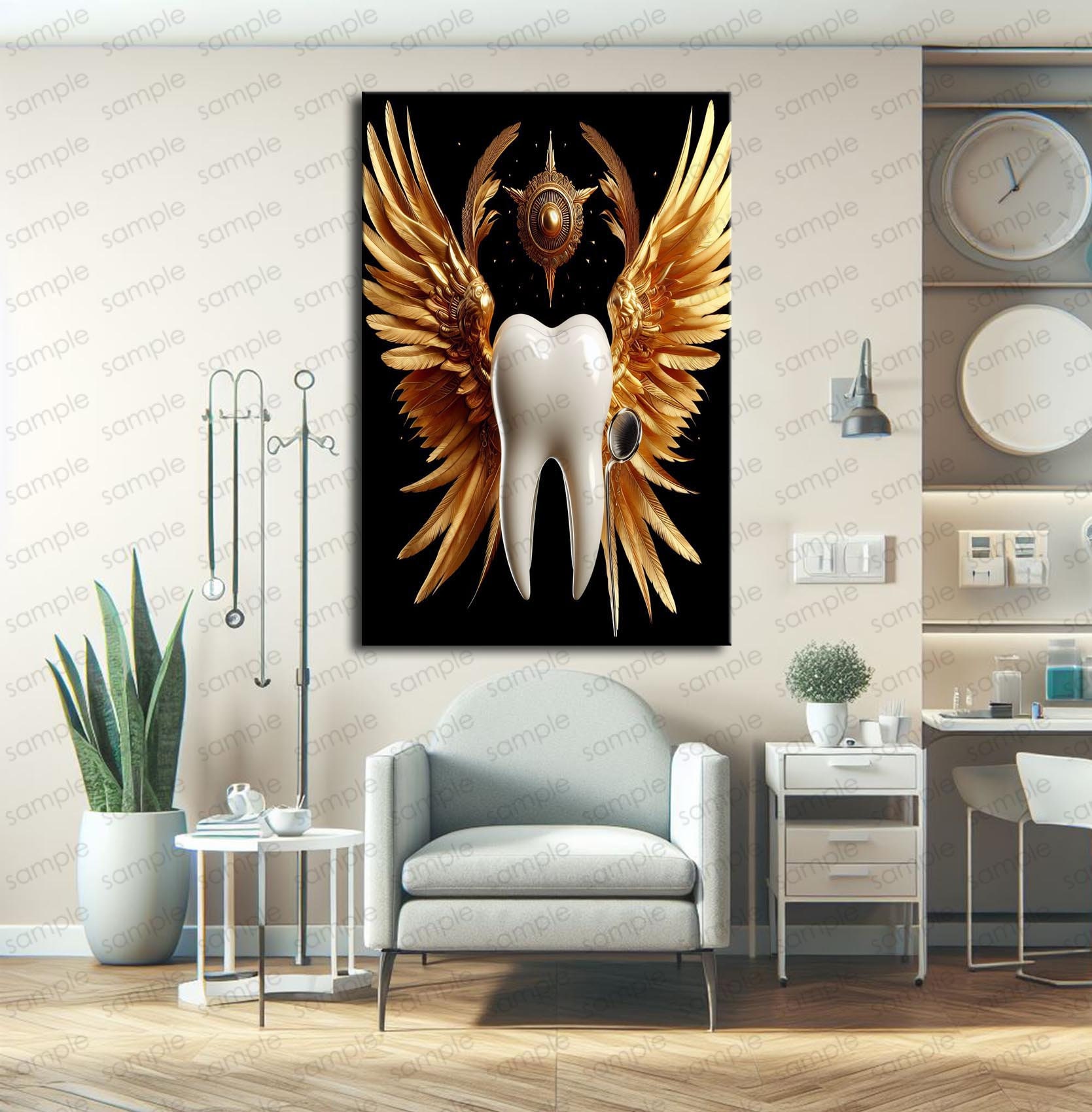 Angel Wings Golden Design Molar Tooth Abstract Dental Canvas Wall Art ...