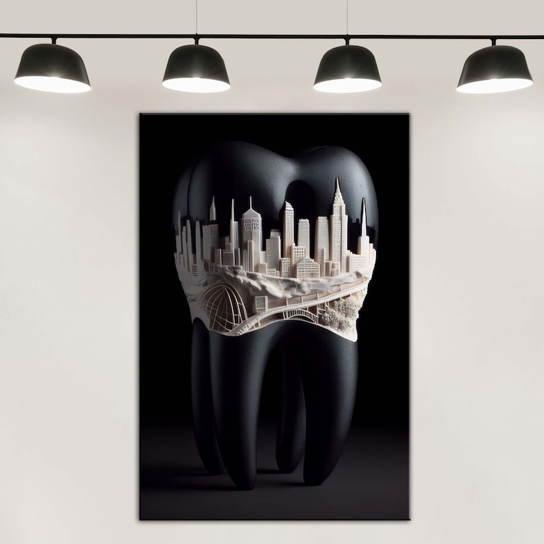 Black Abstract Molar Tooth Inside City Detailed Dentist Canvas WALL Art ...