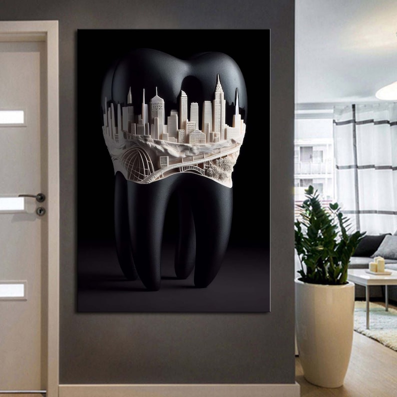 Black Abstract Molar Tooth Inside City Detailed Dentist Canvas WALL Art ...