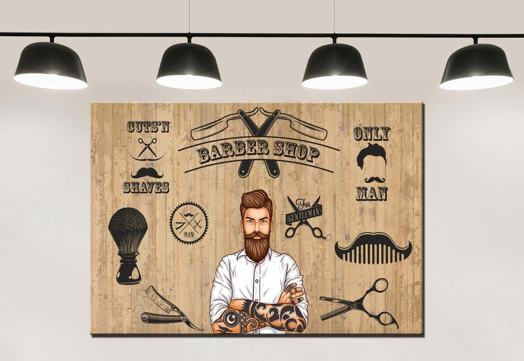Barbershop Entrance Canvas Wall Art, Haircut and Shave, Men's ...