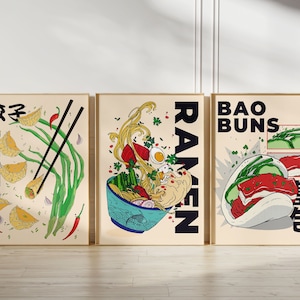 Japanese Food Art Set of 3 Prints - Ramen, Gyoza, Bao Buns - Kitchen ...