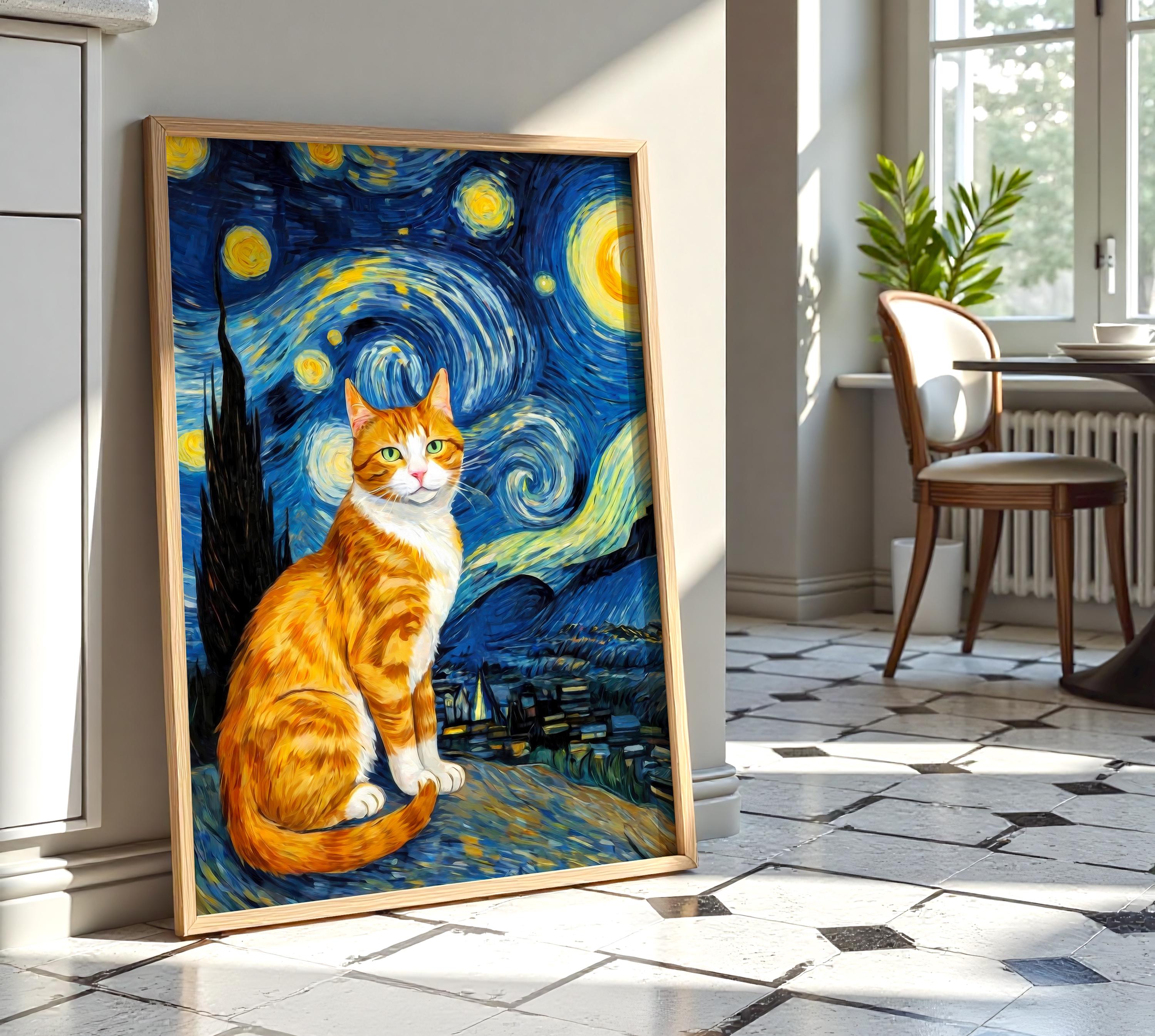 Vincent Van Gogh Cat Starry Night Print, Ginger Cat Poster, Hilarious ...