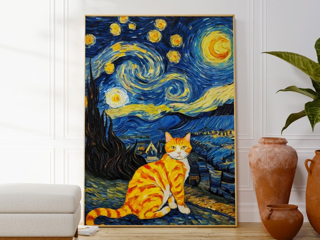Van Gogh Starry Night Cat Print, Ginger Cat Poster, Animal Landscape ...