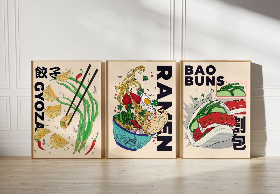 Japanese Food Art Set of 3 Prints - Ramen, Gyoza, Bao Buns - Kitchen ...
