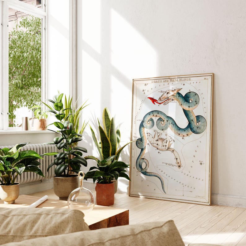 Draco and Ursa Minor Star Map Poster, Celestial Constellation Art Print ...