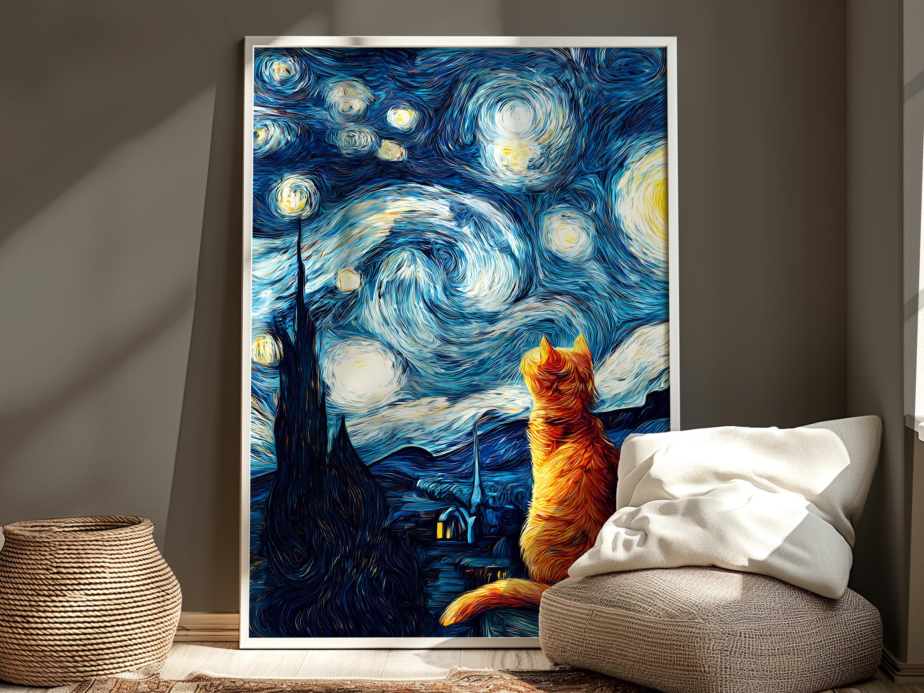 Starry Night Ginger Cat Print, Funny Van Gogh Parody Art Poster, Cat ...