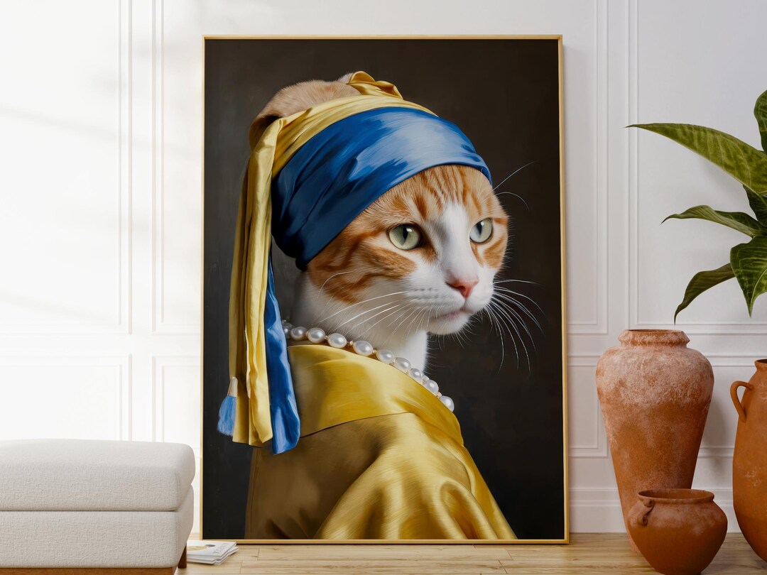 Johannes Vermeer Cat With Pearl Earring Print, Funny Cat Art Poster ...