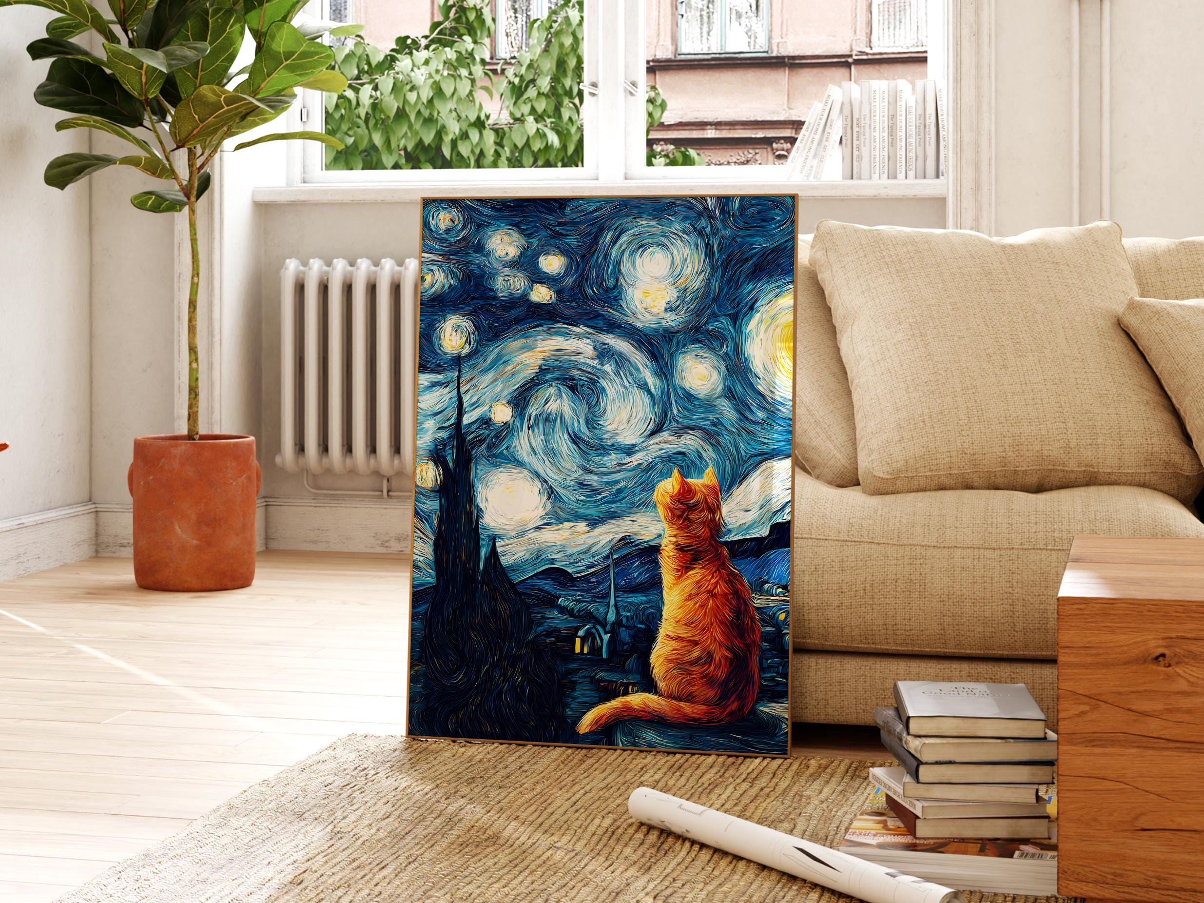 Starry Night Ginger Cat Print, Funny Van Gogh Parody Art Poster, Cat ...