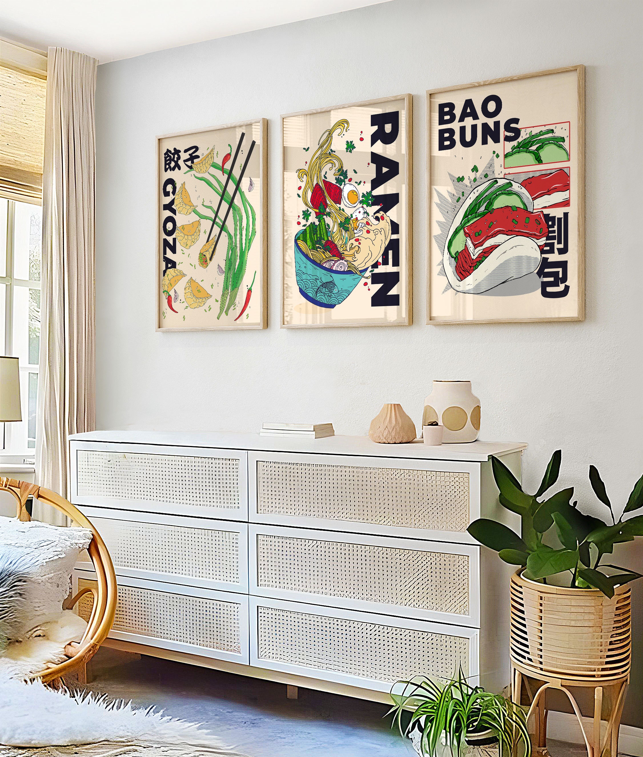 Japanese Food Art Set of 3 Prints - Ramen, Gyoza, Bao Buns - Kitchen ...