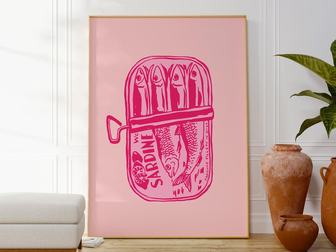 Pink Sardine Tin Print, Minimalist Kitchen Wall Art Poster, Modern ...