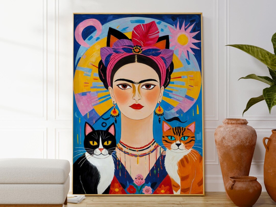Frida Kahlo and 2 Cats Print, Frida Kahlo Cat Poster, Popular Mexican ...