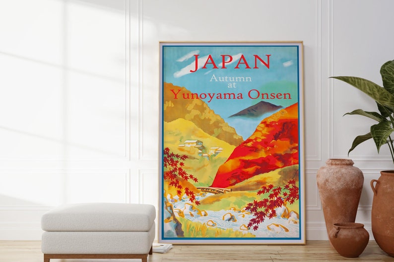 Japan Autumn Travel Print, Yunoyama Onsen Landscape Poster, Colourful ...