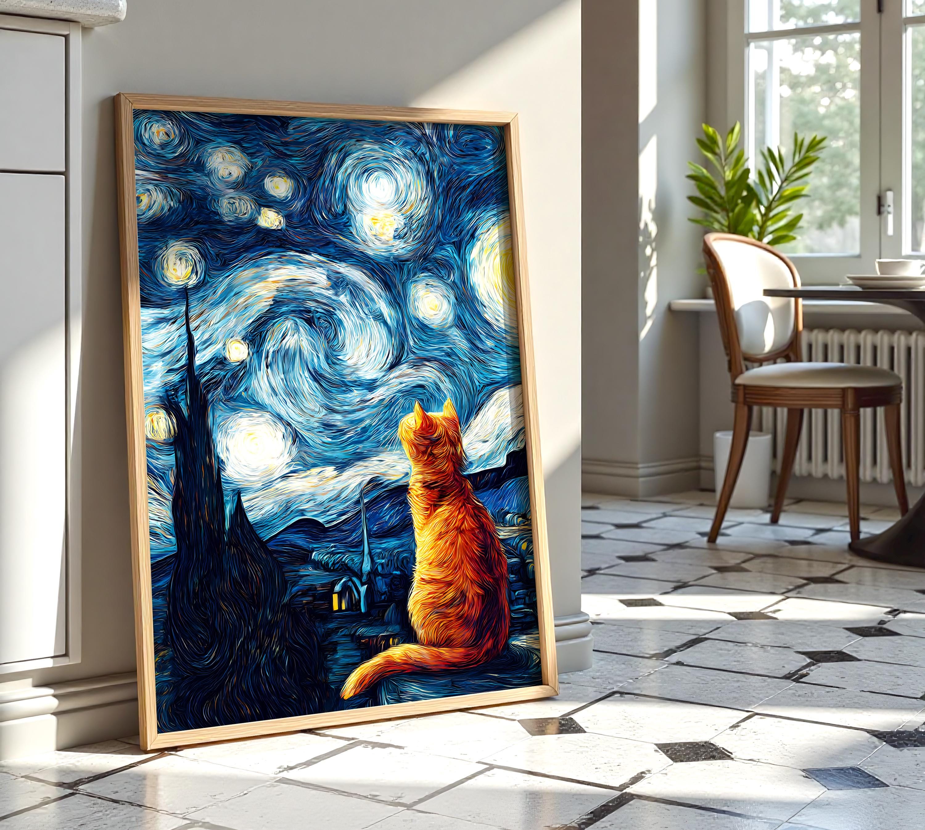Starry Night Ginger Cat Print, Funny Van Gogh Parody Art Poster, Cat ...