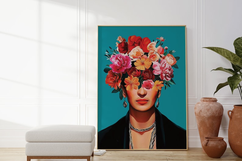 Frida Kahlo Flower Crown Poster, Botanical Art Print, Self Portrait ...