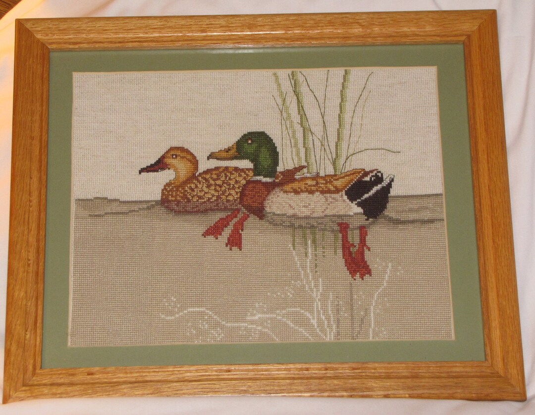 Pair of Mallard Ducks in Cross Stitch With Handmade Solid Oak Frame ...