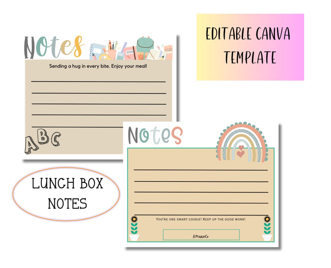 Lunch Box Notes Cards Back to School Note Cards Editable Notecard ...