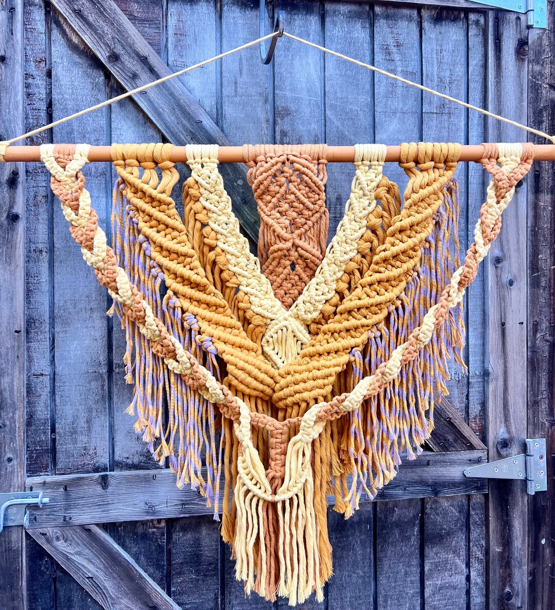 Golden Sunrise Macramé Wall Hanging – Layered V-shaped Boho Fiber Art ...