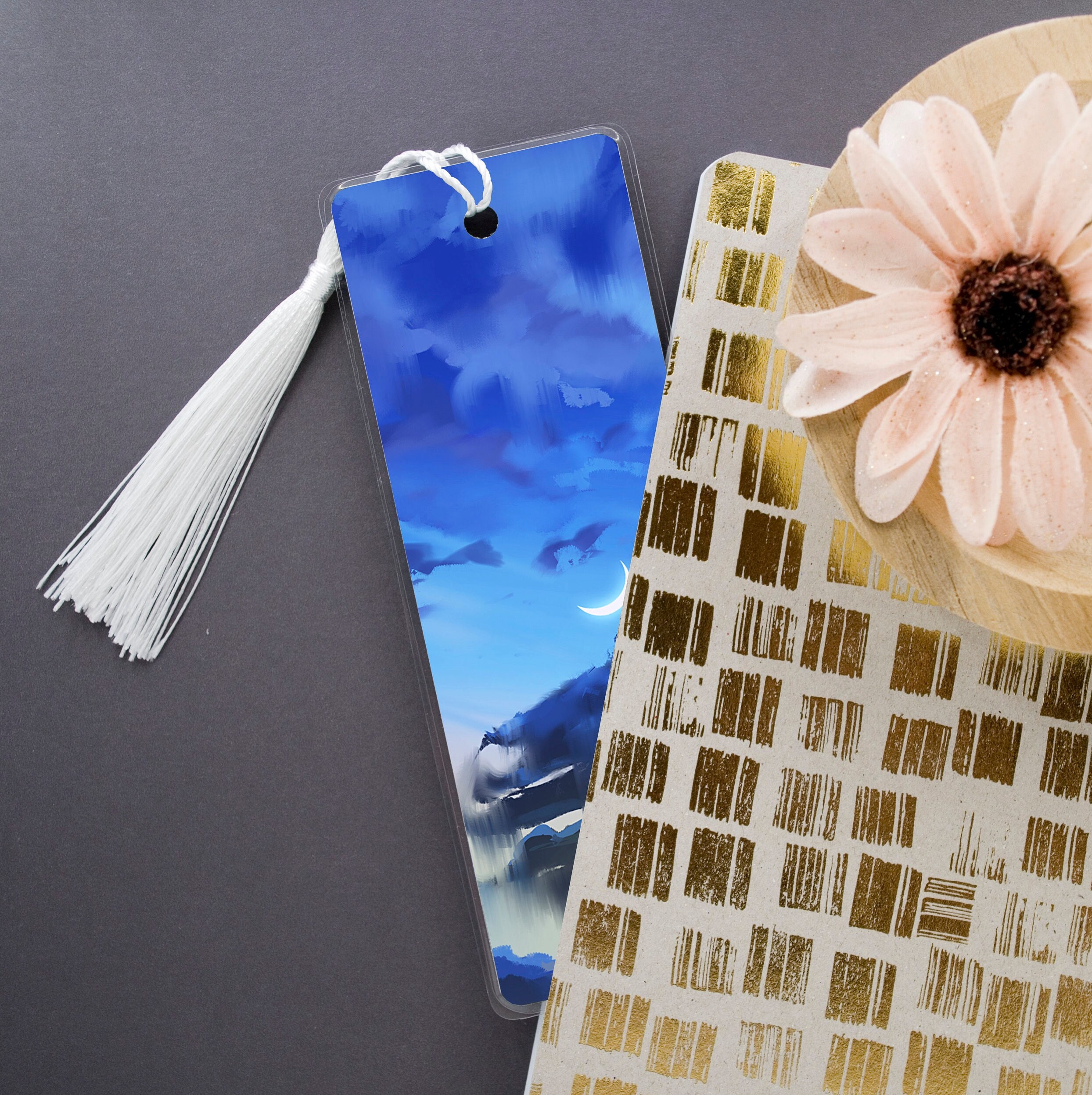 Blue Clouds With Crescent Moon Bookmark Sky Bookmark With White Tassel ...