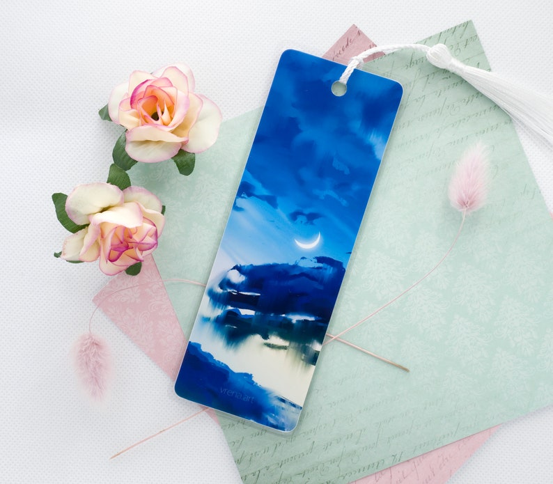 Blue Clouds With Crescent Moon Bookmark Sky Bookmark With White Tassel ...