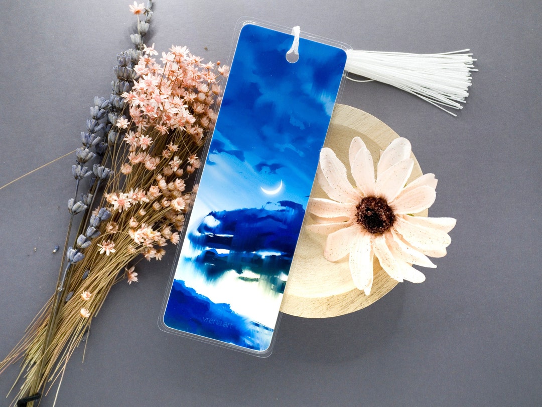 Blue Clouds With Crescent Moon Bookmark Sky Bookmark With White Tassel ...