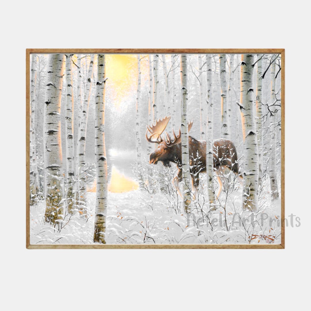 Moose in Snowy Forest Printable Wall Art Winter Wonderland Print ...