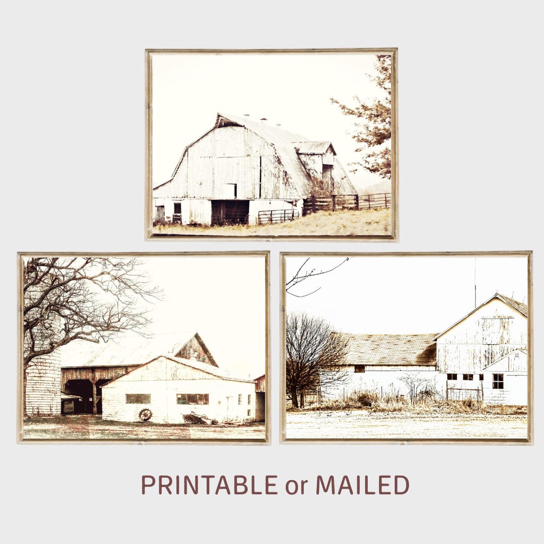 Set of 3 Old Barns Farmhouse Wall Art Printable or Mailed, White Barns ...