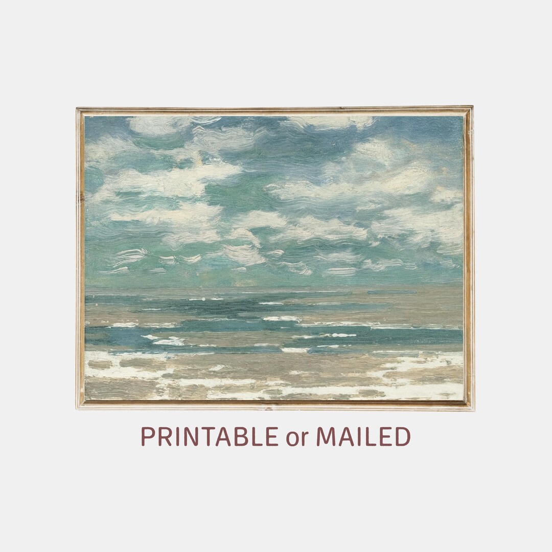 Ocean Beach Vintage Oil Painting Print, Cloudy Seascape Coastal Antique ...