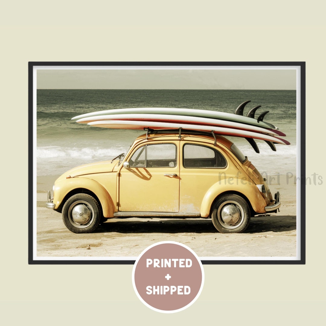 Yellow Retro Car on Beach Shipped Print Surfboard Wall Art Vintage Car ...