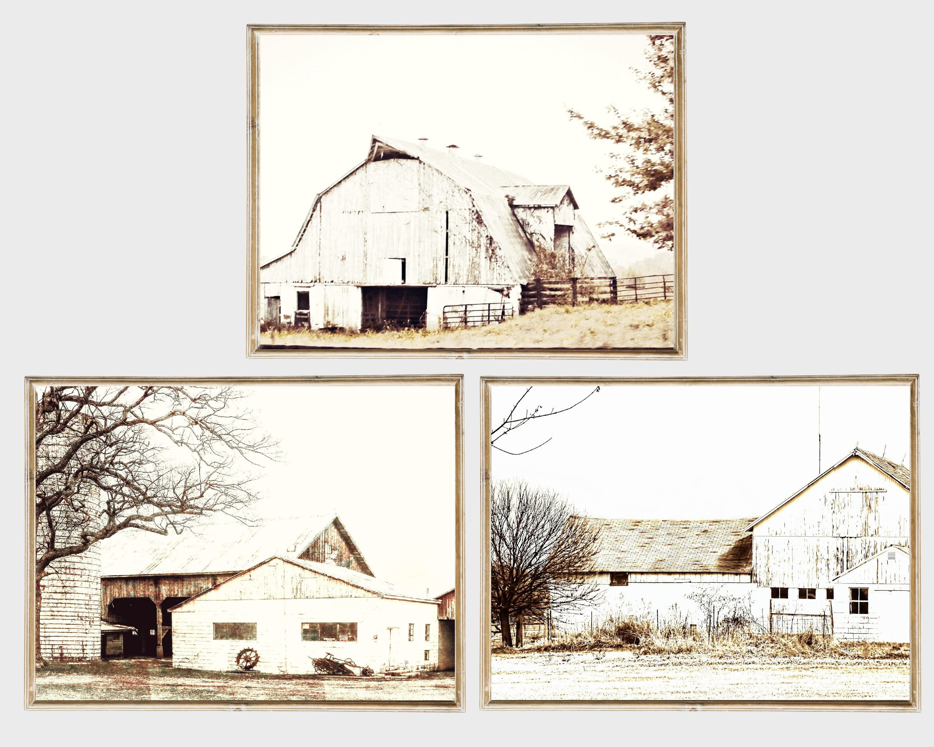 Set of 3 Old Barns Farmhouse Printable Wall Art White Barns Rustic Wall ...