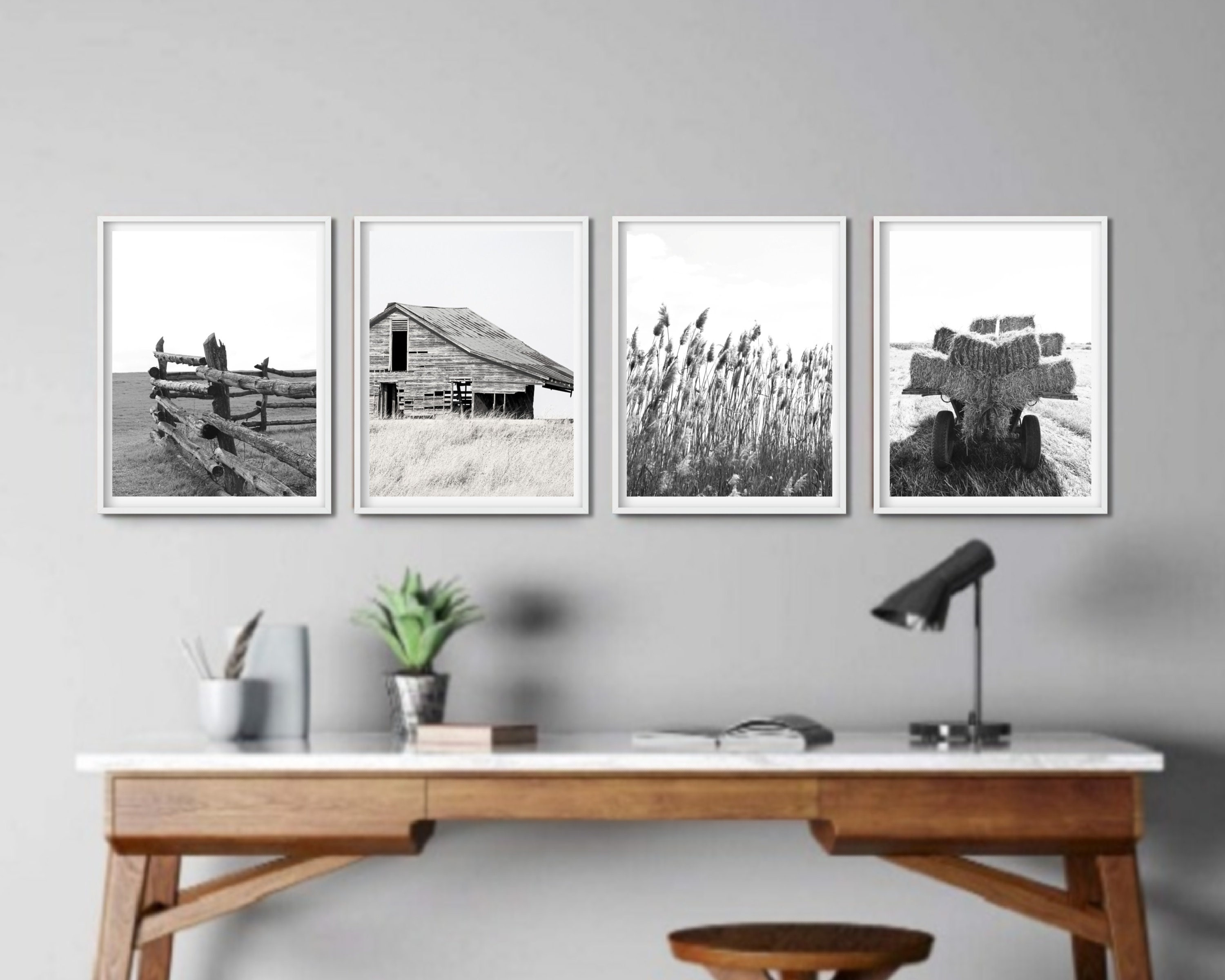 Farmhouse Black and White Set of 4 Prints Mailed, Old Barn Fence Wheat ...
