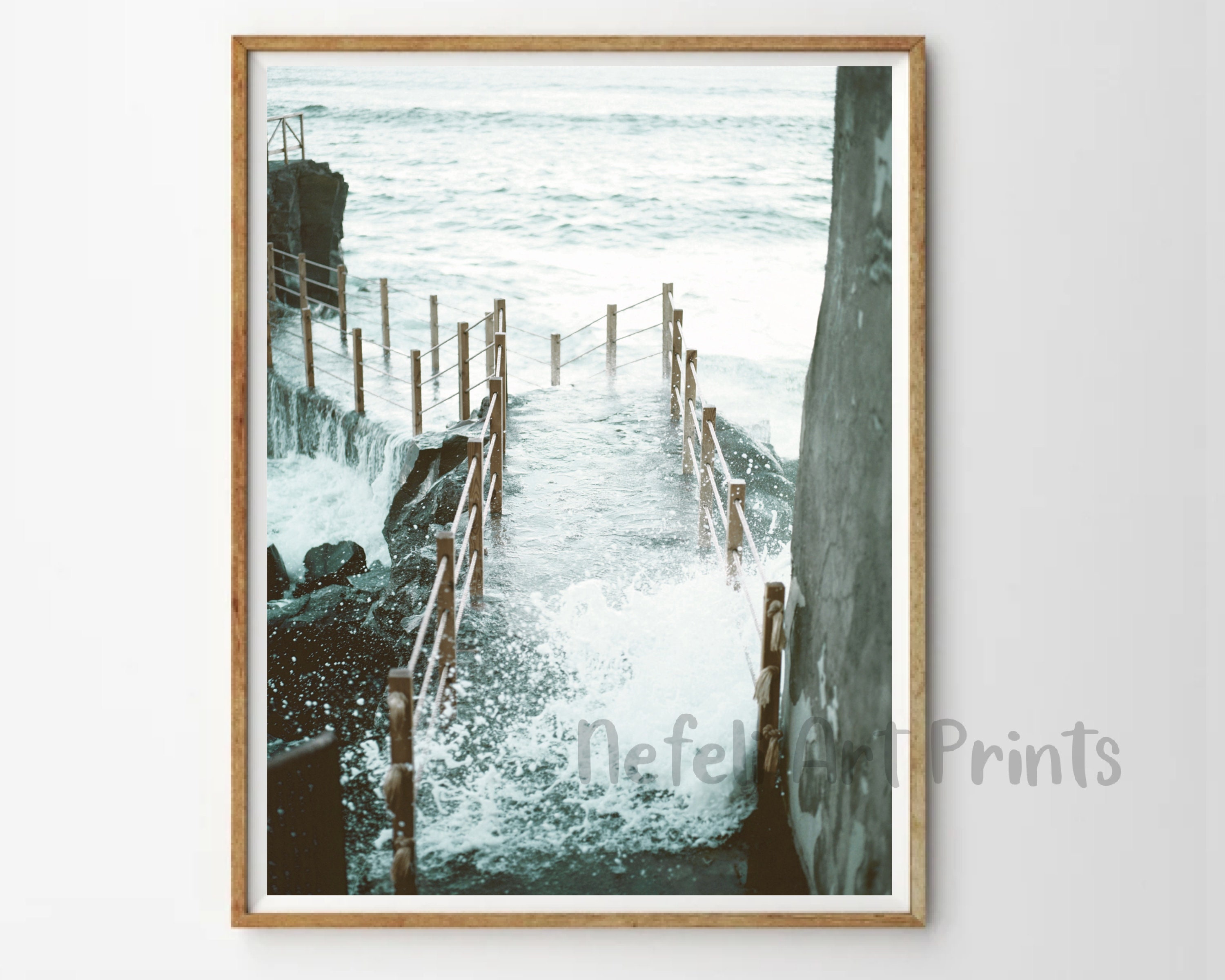 Sea Ocean Pier Coastal Printable Wall Art, Beach Blue Waves Photo, Wood ...