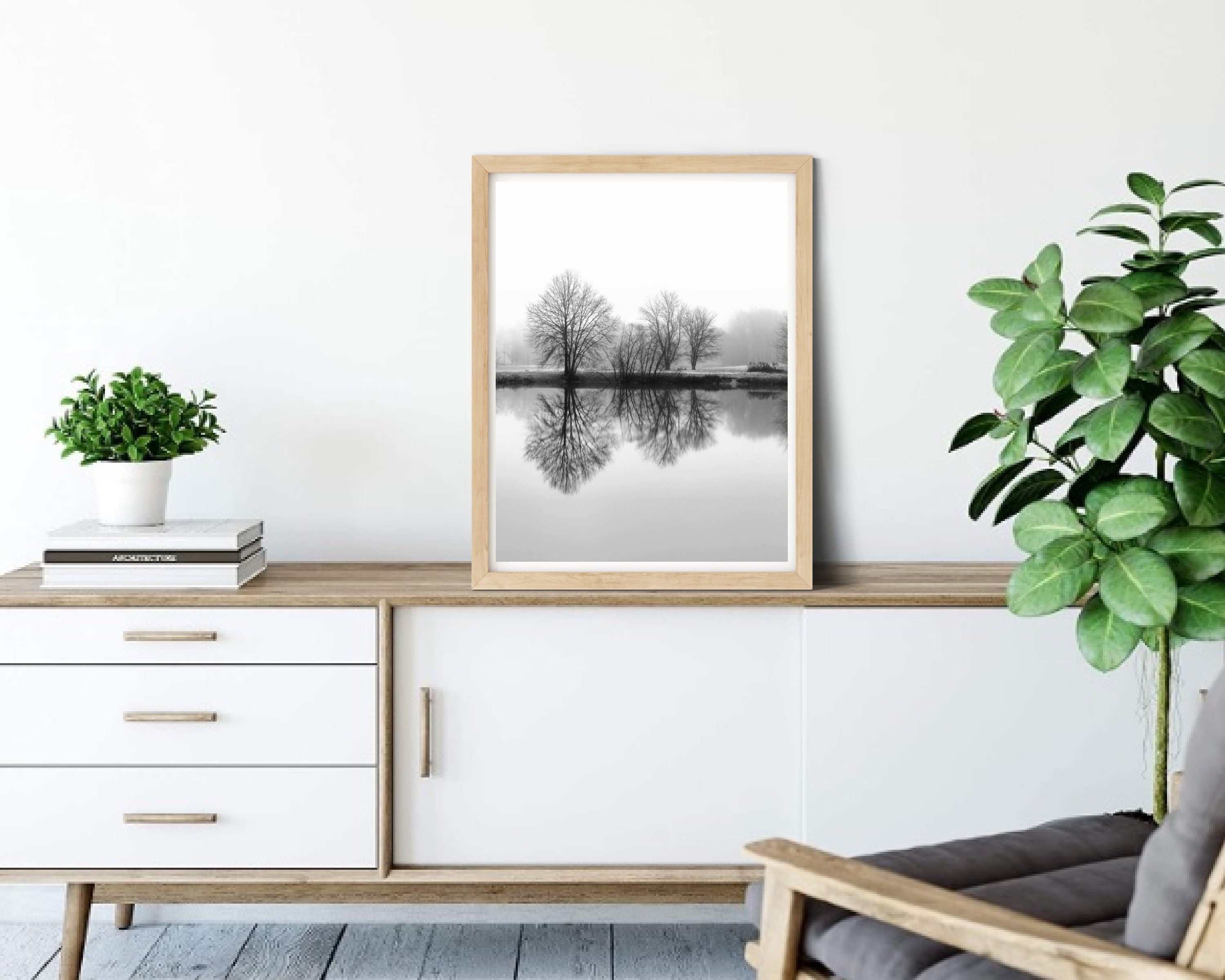 Lake With Bare Trees Black and White Mailed Print, Lake Reflection ...