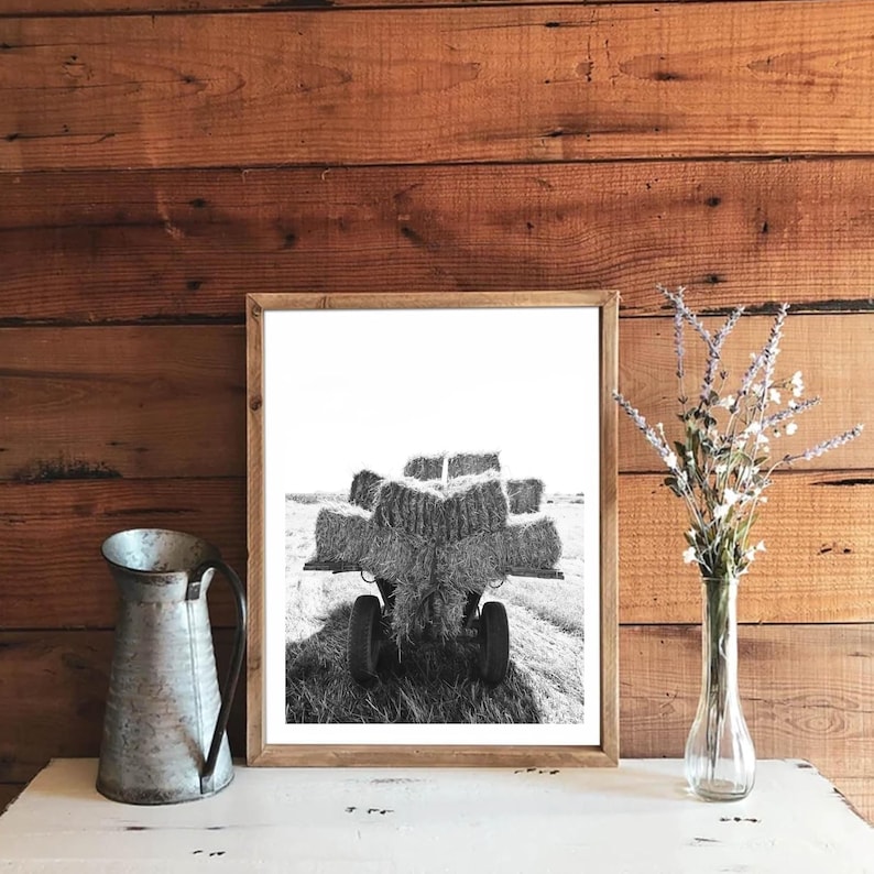 Hay Bales on Tracktor Black and White Farmhouse Photo Printable or ...