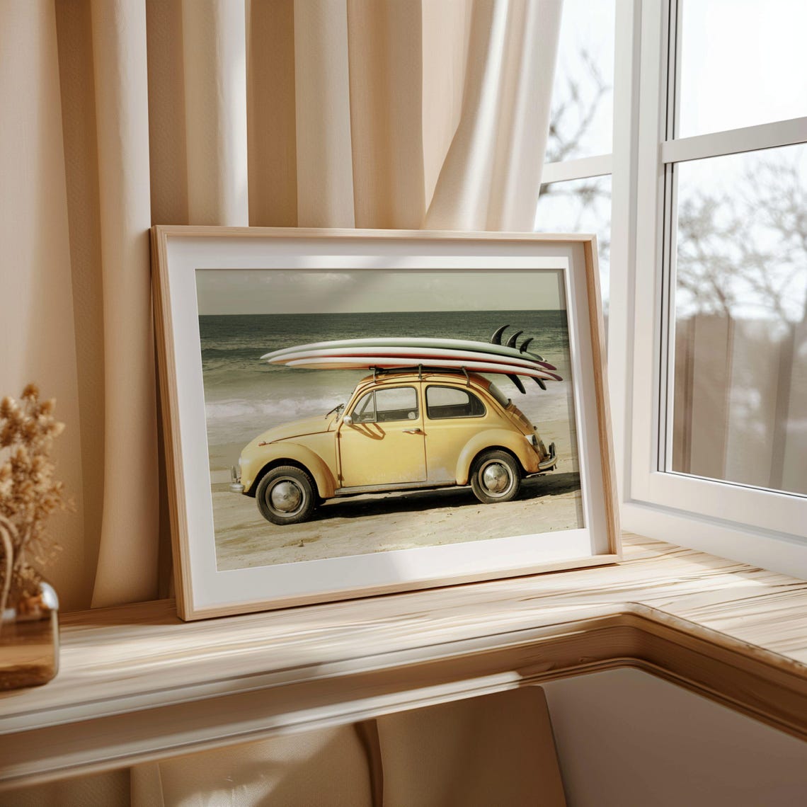 Yellow Retro Car on Beach Shipped Print Surfboard Wall Art Vintage Car ...