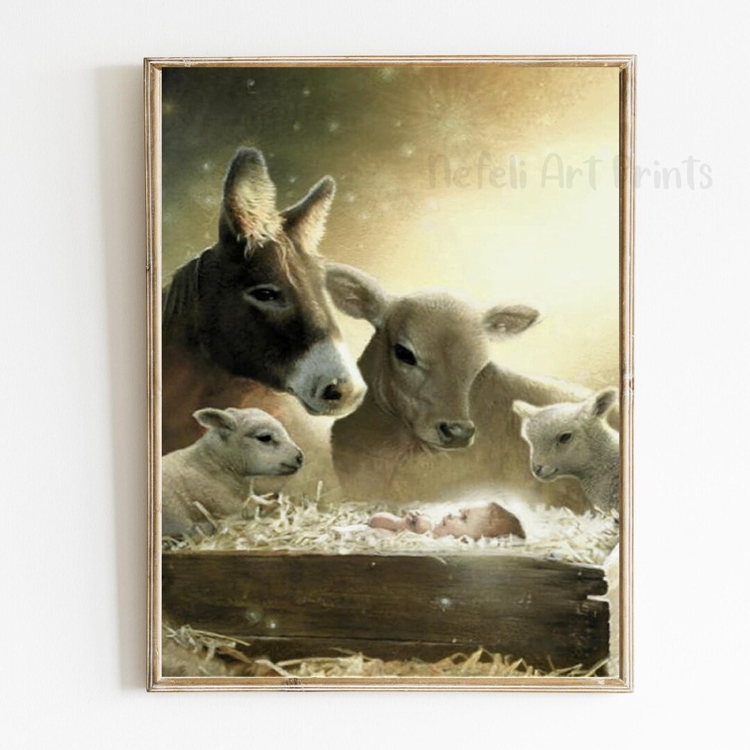Jesus Manger and Animals Christmas Printable Wall Art Nativity Scene ...