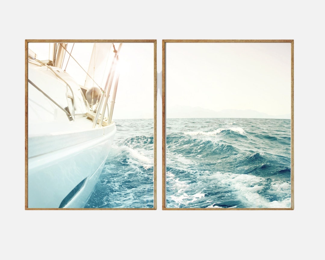 Sailing in Blue Ocean Set of 2 Photo Printable Wall Art Sailboat ...