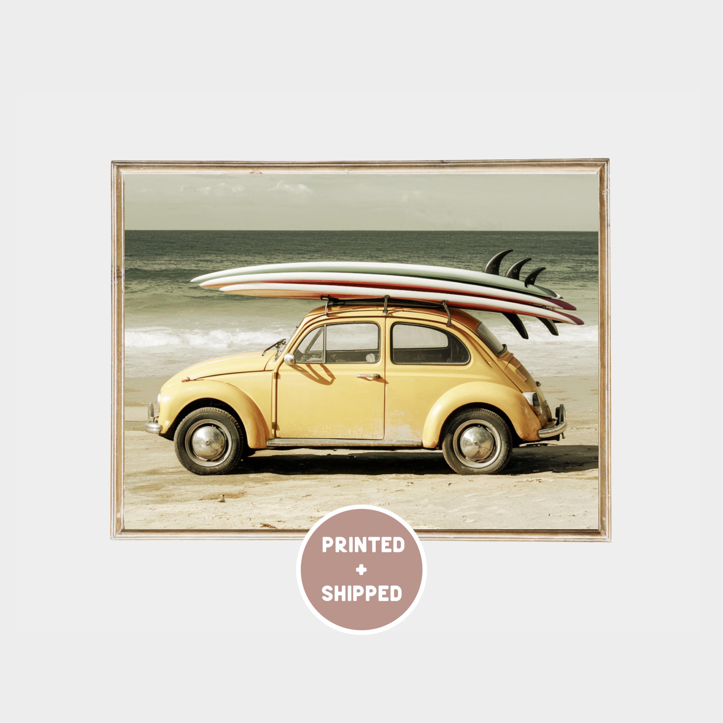 Yellow Retro Car on Beach Shipped Print Surfboard Wall Art Vintage Car ...