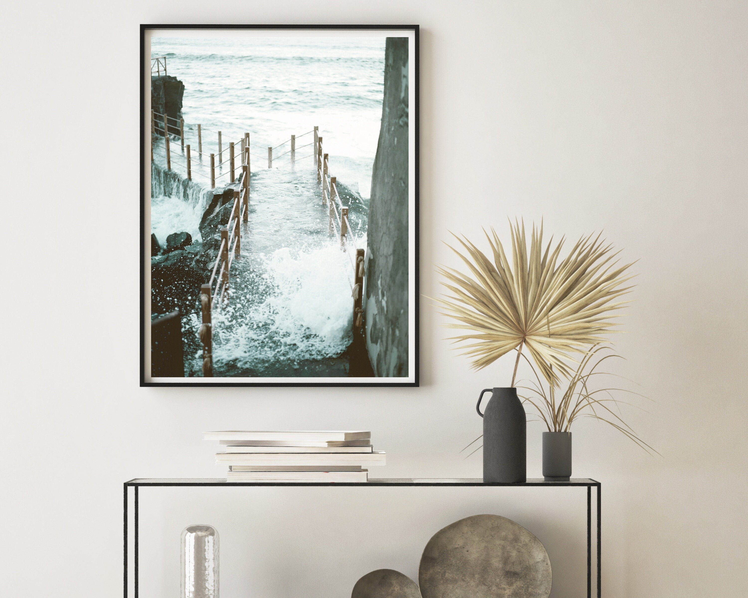 Sea Ocean Pier Coastal Printable Wall Art, Beach Blue Waves Photo, Wood ...