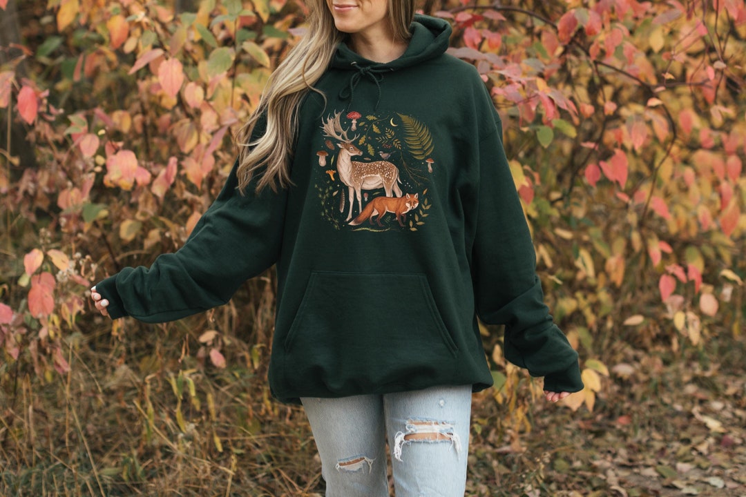 FORESTCORE Hoodie With Deer Fox & Mushrooms, Woodland Animals Hooded ...